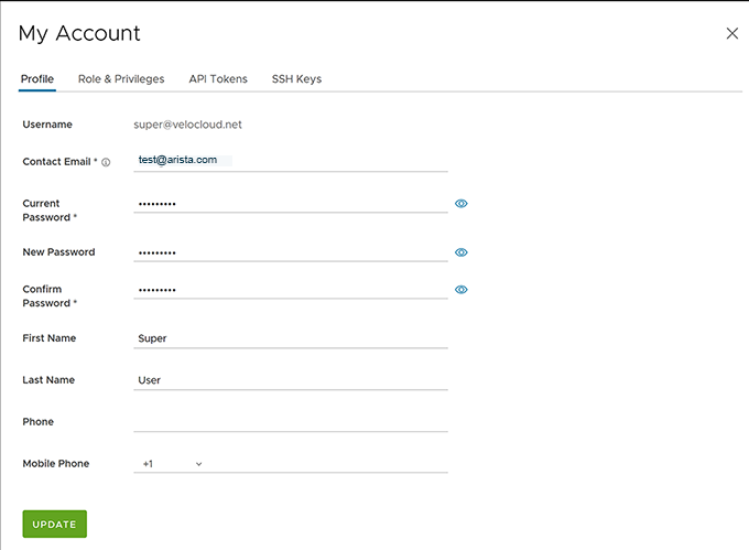VeloCloud SD-WAN 6.4 - Administration Guide - Configure User Account Details - Arista